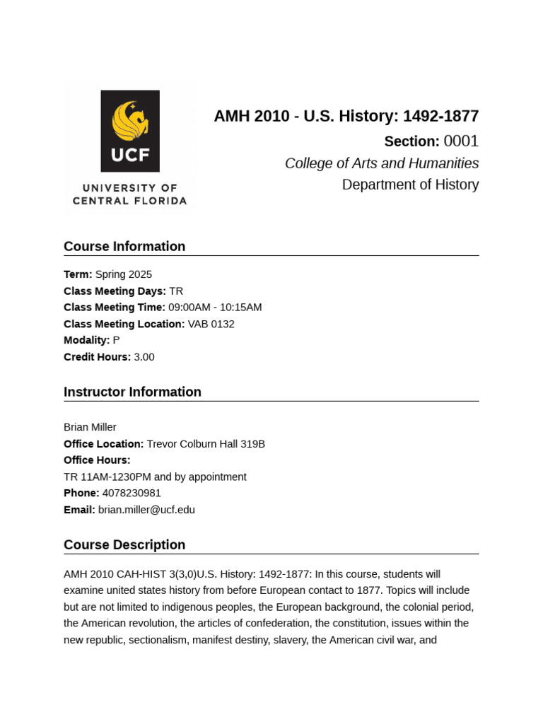 Spring 2025 AMH 2010 0001 U S HISTORY 1492 1877 | PDF | Academic Dishonesty