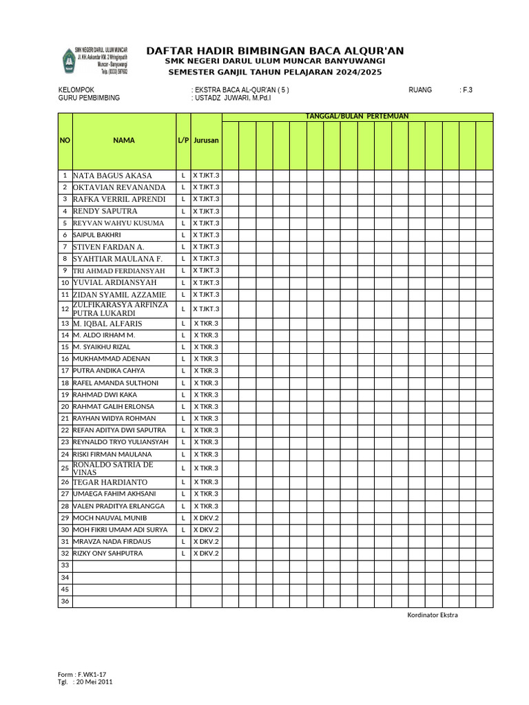 Daftar Hadir Ekstra Bca & ST Ganjil 2024-2025 | PDF