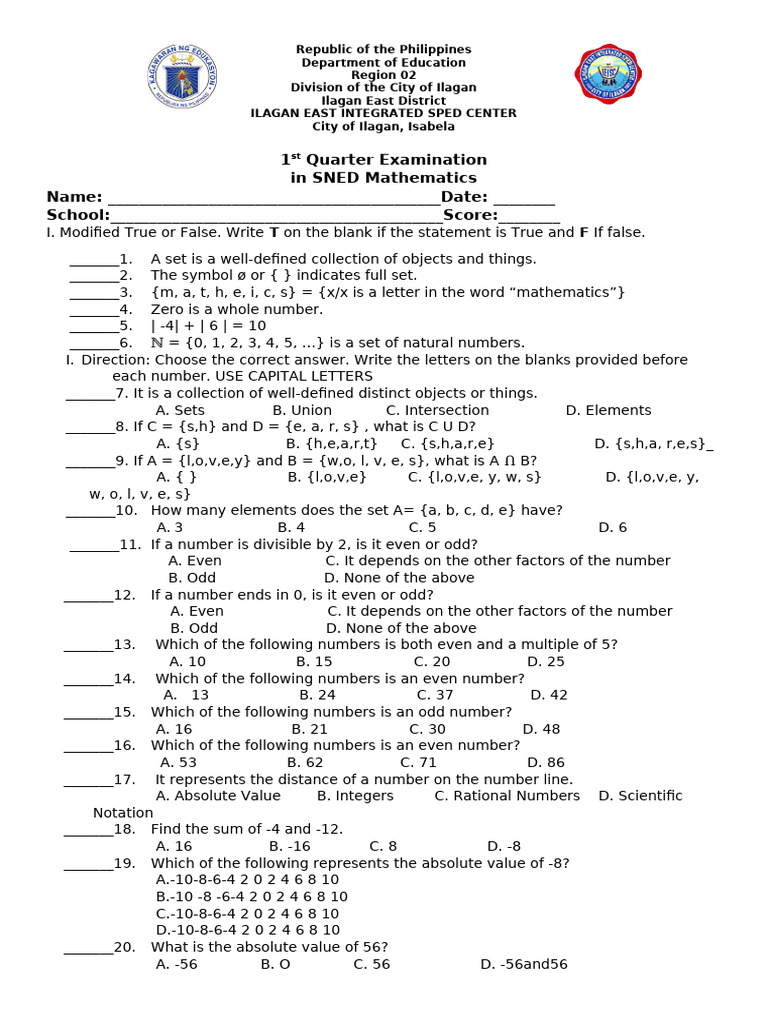 Ilagan East SPED Center 1st Quarter Math Exam | PDF | Numbers | Number ...