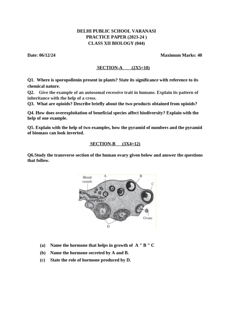 Class XII Biology Practice Paper 2023-24 | PDF | Molecular Cloning ...