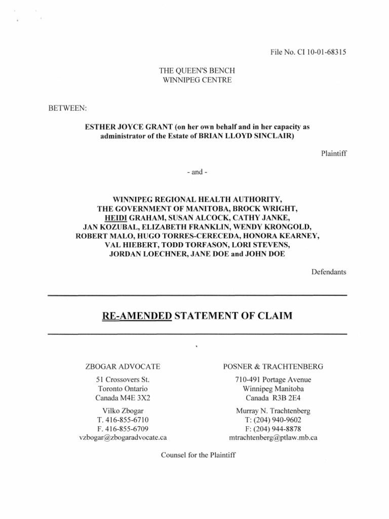 Grant v. WRHA - Re-Amended Statement of Claim | Damages | Negligence
