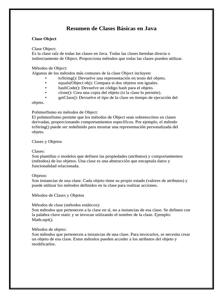 Resumen de Clases Básicas en Java | PDF