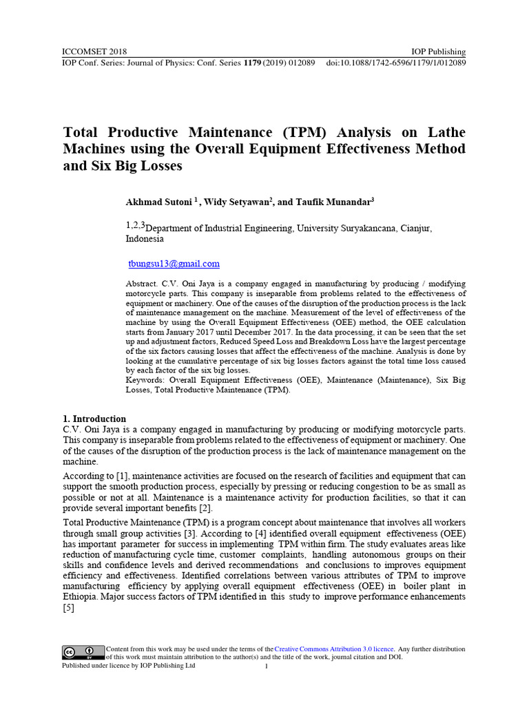 Total Productive Maintenance (TPM) Analysis On Lathe Machines Using The ...