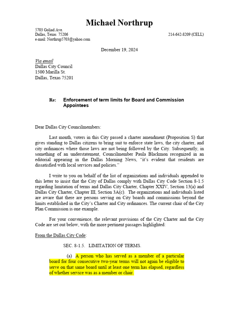 Letter Seeking Compliance With Term Limits for Boards and Commissions ...