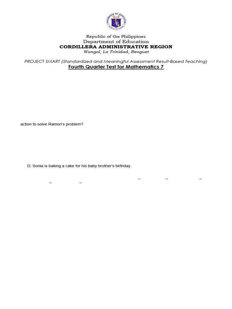 Mathematics 7 Fourth Quarter Test | PDF | Microsoft Excel | Educational ...