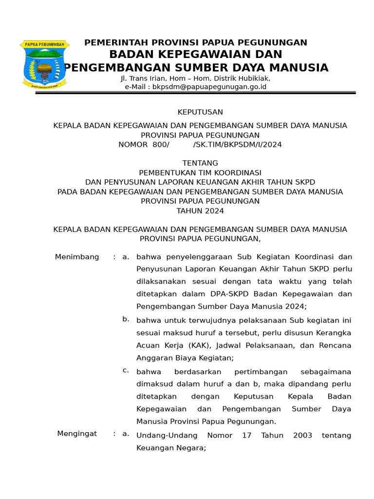 SK Koordinasi Dan Penyusunan Laporan Keuangan Akhir Tahun SKPD | PDF