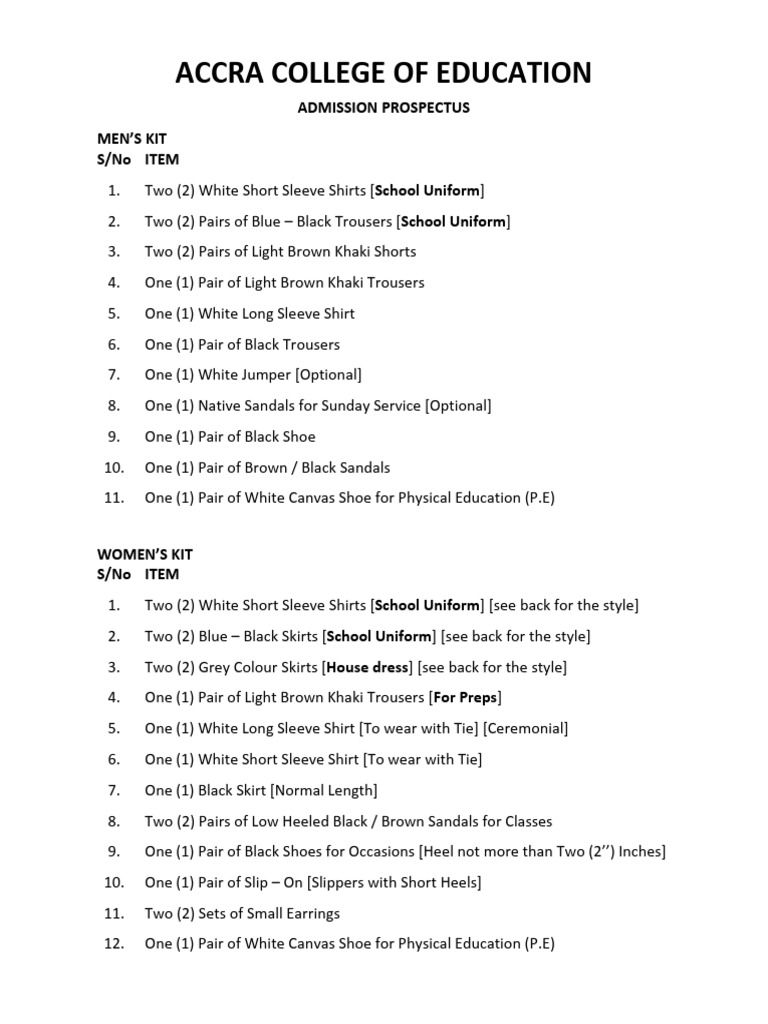 Accra College of Education: Admission Prospectus Men'S Kit S/No Item School Uniform School ...