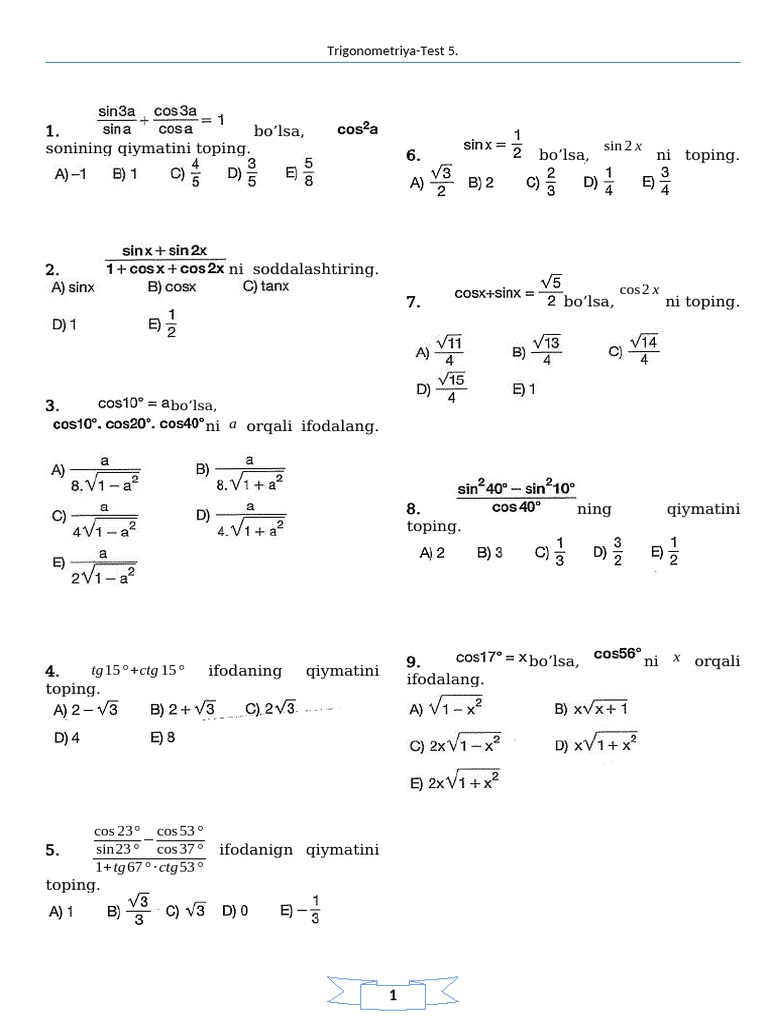 023-Trigonometriya Test 5 | PDF