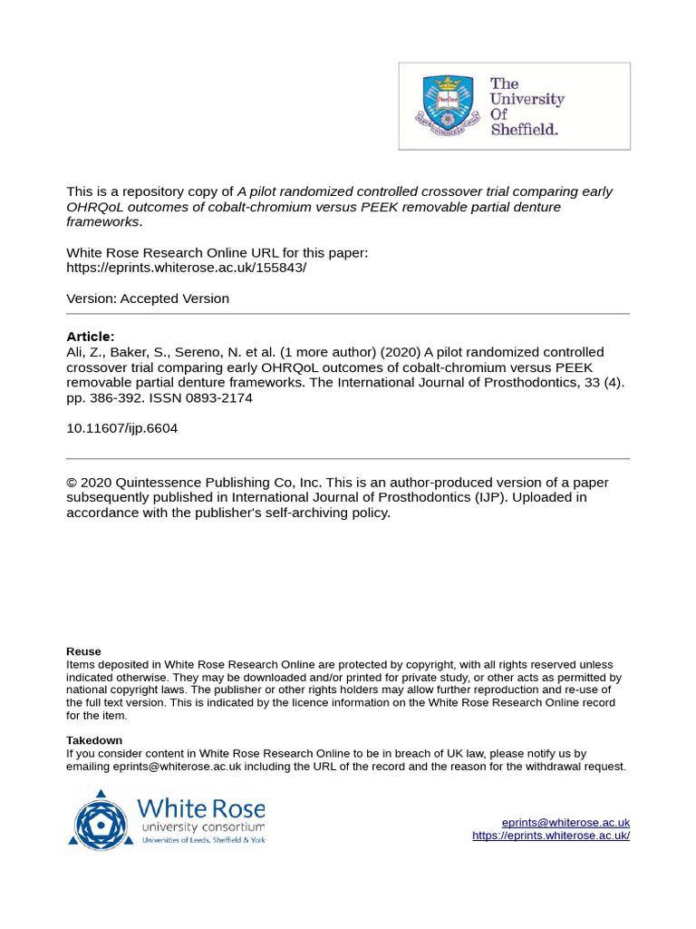 A Pilot RCT Comparing Early OHRQoL Outcomes With CoCr Versus PEEK as ...