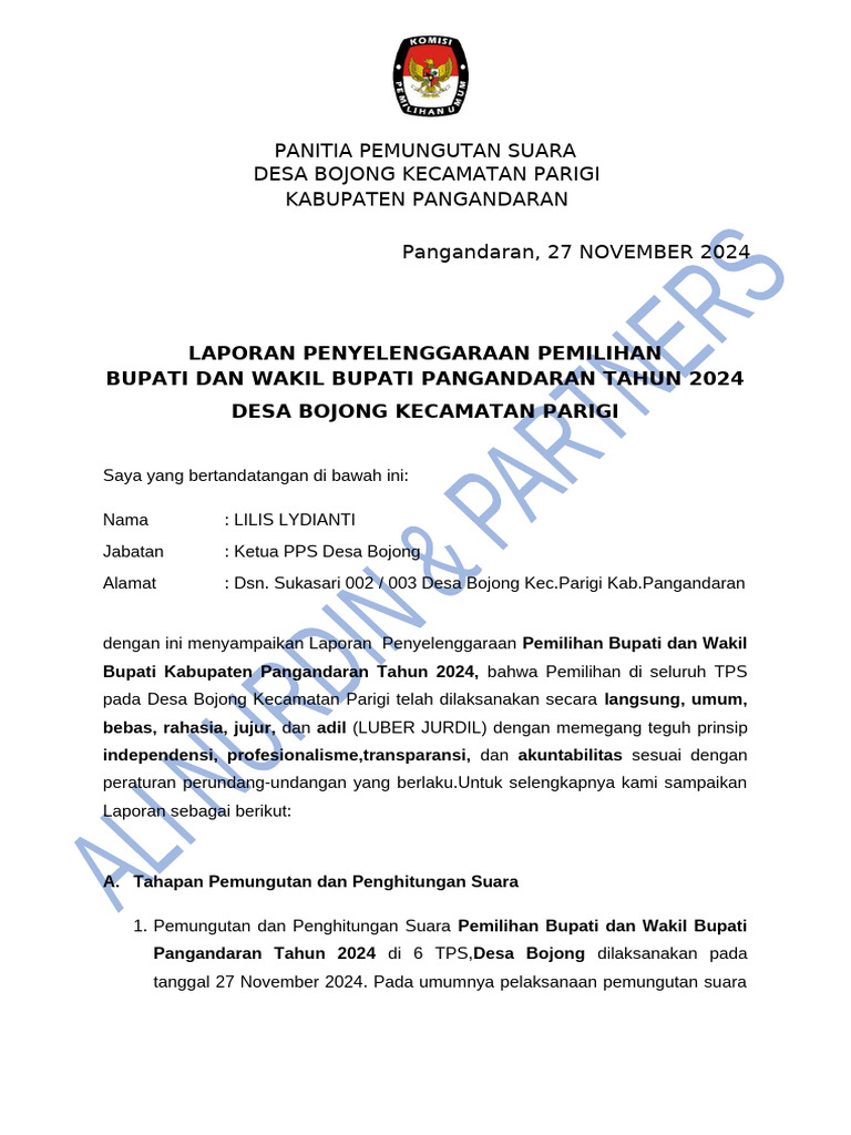 Form. Lap. Penyelenggaraan Pilbup Pangandaran 2024-PPS Bojong Parigi | PDF