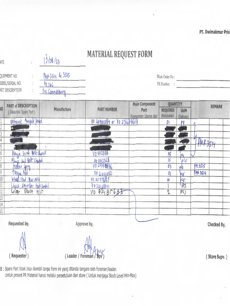 MR Req Part Precom Volvo Truck | PDF