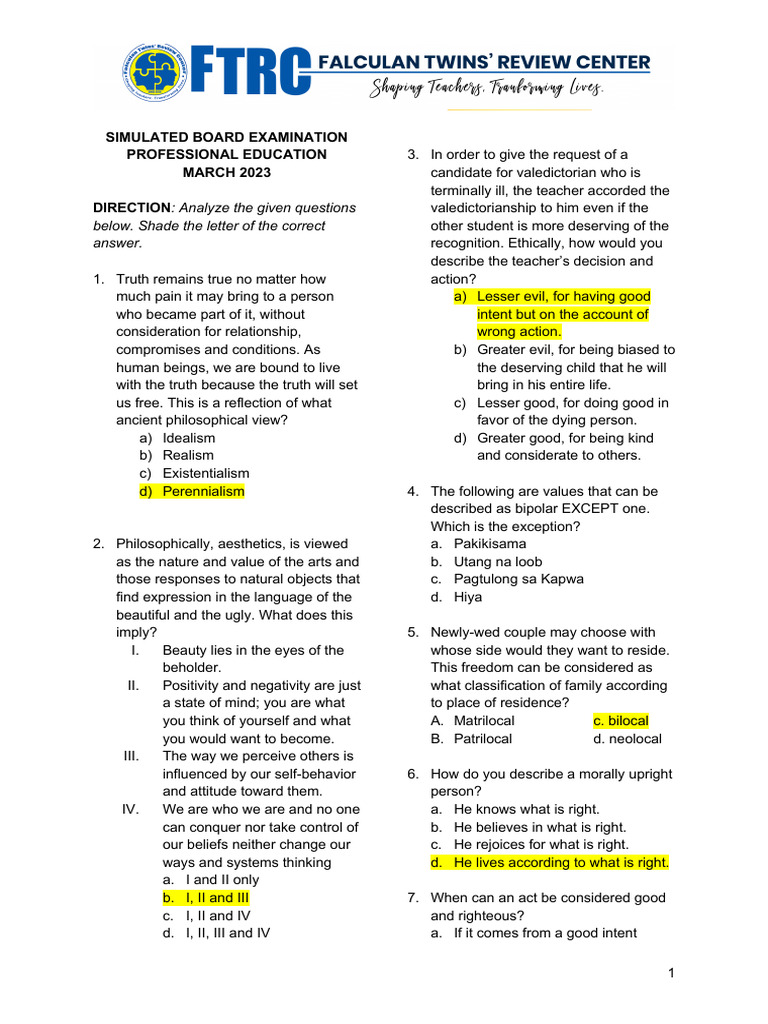 Sbe Prof Ed March 2023 Ans Key | PDF | Curriculum | Cognition