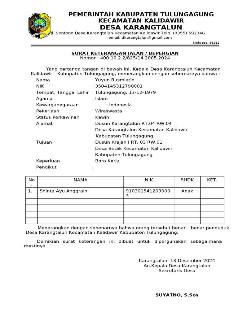 Surat Keterangan Bepergian Karangtalun | PDF