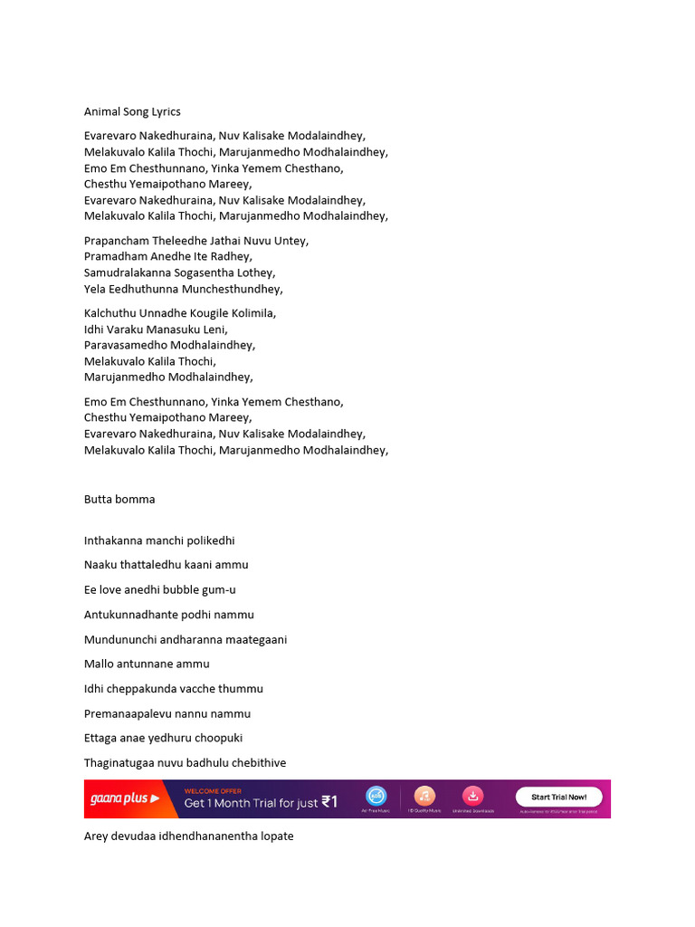 Latest Telugu Animal Song Lyrics | PDF