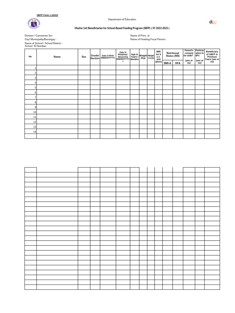 SBFP Forms 1 6 2023. Version 2 With Sex | PDF | Nutrition | Obesity