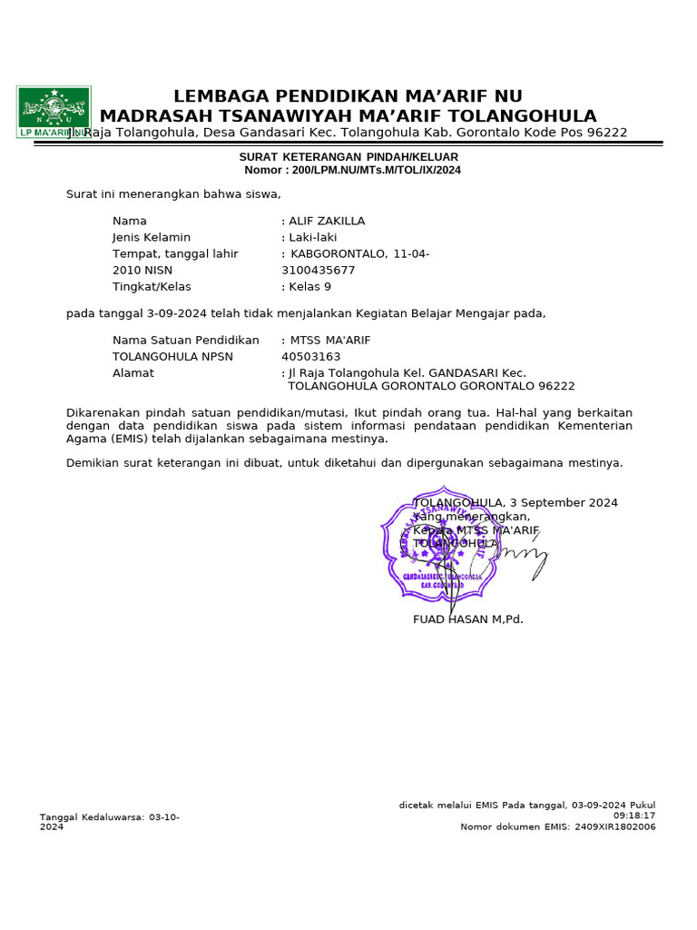 Mutasi Keluar - Surat Keterangan - ALIF ZAKILLA | PDF