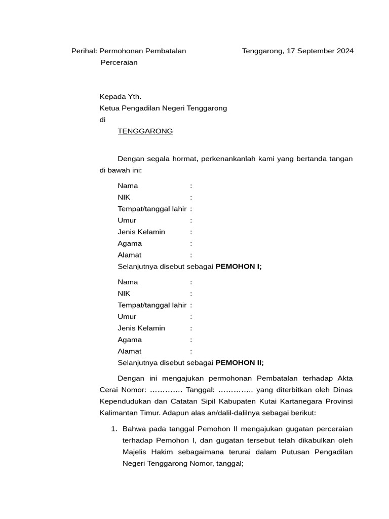 Permohonan Pembatalan Perceraian | PDF
