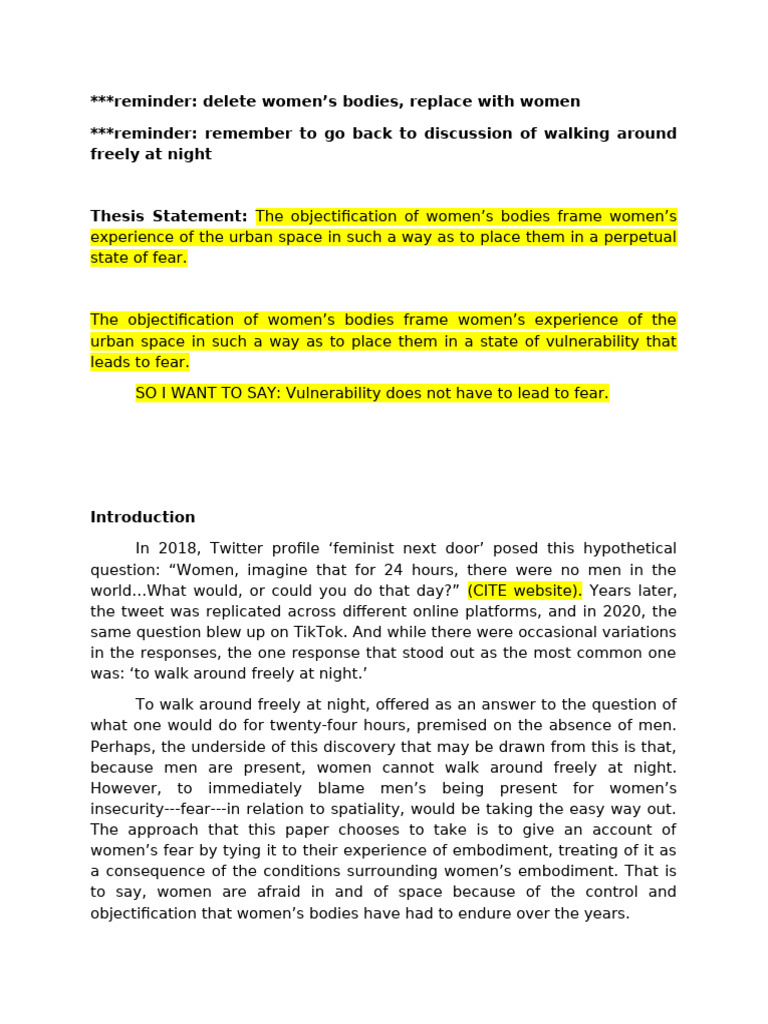 An Account of Women's Embodiment and Its Relation To Their Fear of The ...