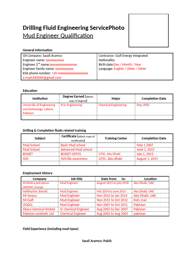 Mud Engineer Qualifications and Experience | PDF | Oil Well | Hydrocarbons