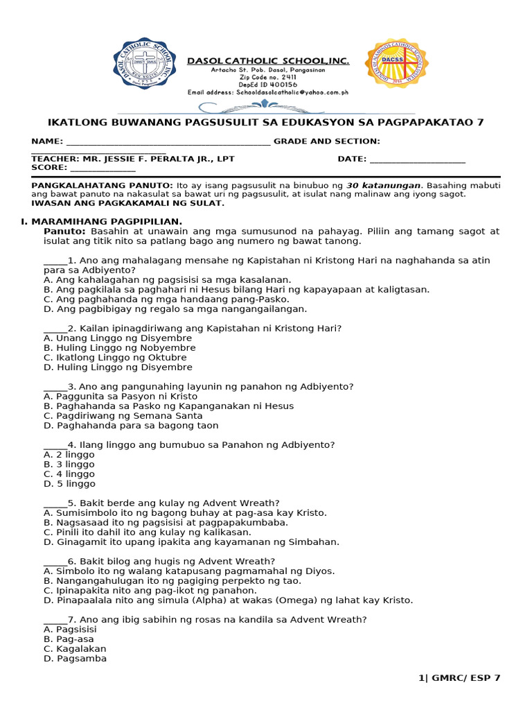 Esp-7-Q3-Tqs With Tos-Preliminary Examination | PDF