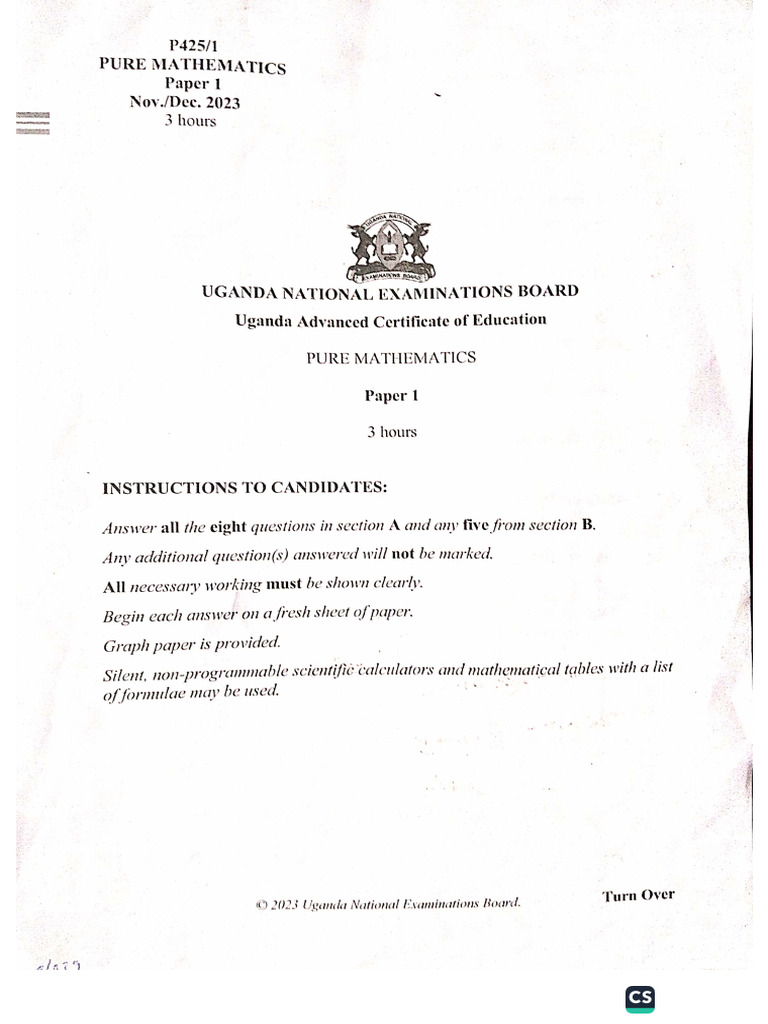 UACE PURE MATH 2023 | PDF