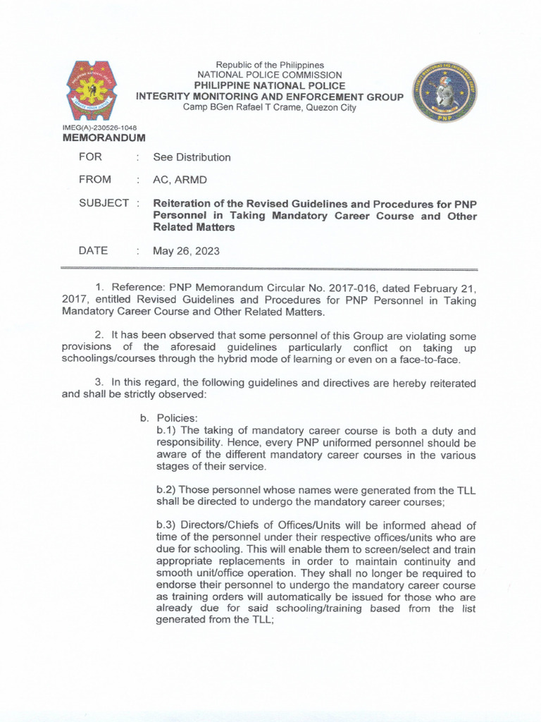 Reiteration of The Revised Guidelines and Procedures For PNP Personnel ...