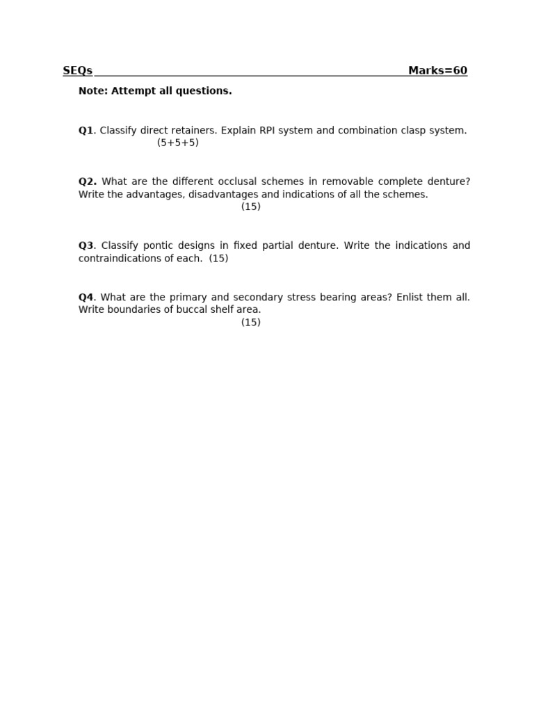 Prostho Paper Final Term 2021 SEQs | PDF