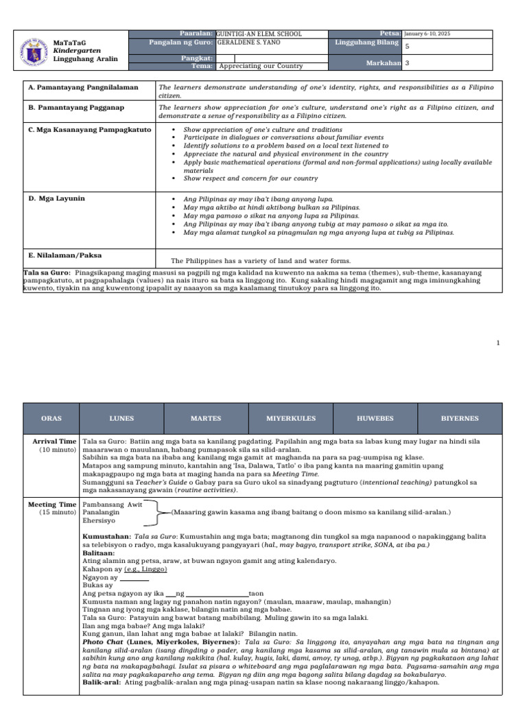 DLL Kindergarten q3 w5 | PDF