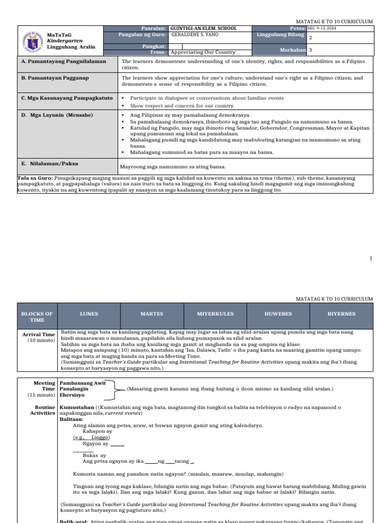 DLL Kindergarten q3 w2 | PDF