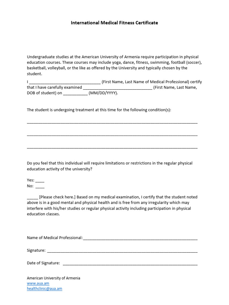 International Medical Fitness Form 1 | PDF