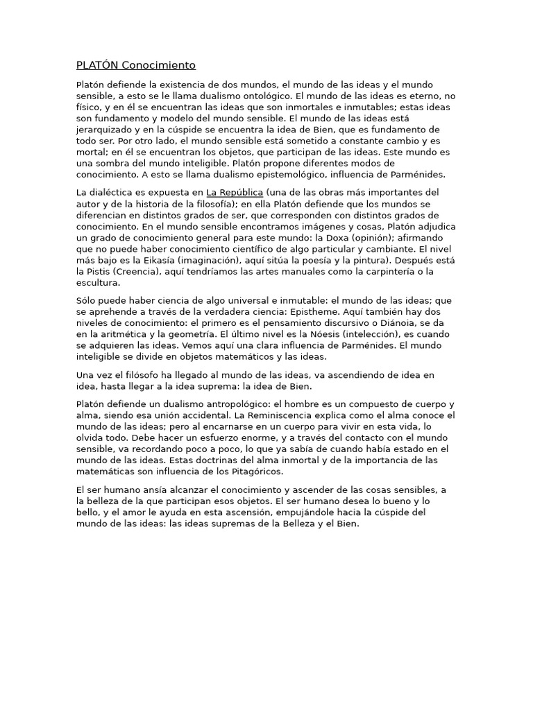 Dualismo y Ética en Platón | PDF | Platón | Conocimiento
