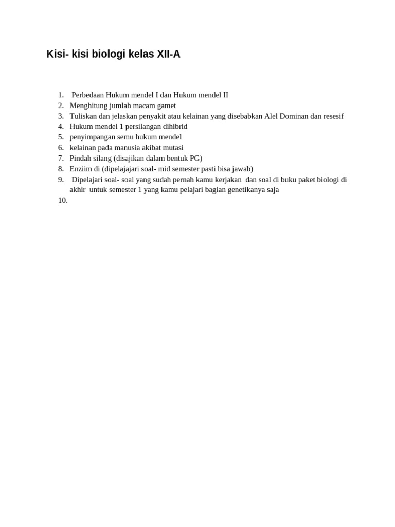 Kisi- Kisi Biologi Kelas XII-A | PDF