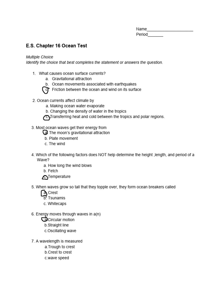 ES Chapter 16 Oceans Test | PDF | Oceans | Tide