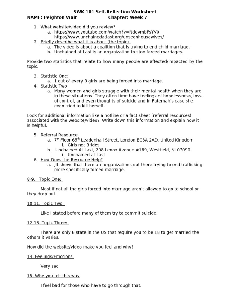 Week 7 Self reflection | PDF | Feeling | Child Marriage