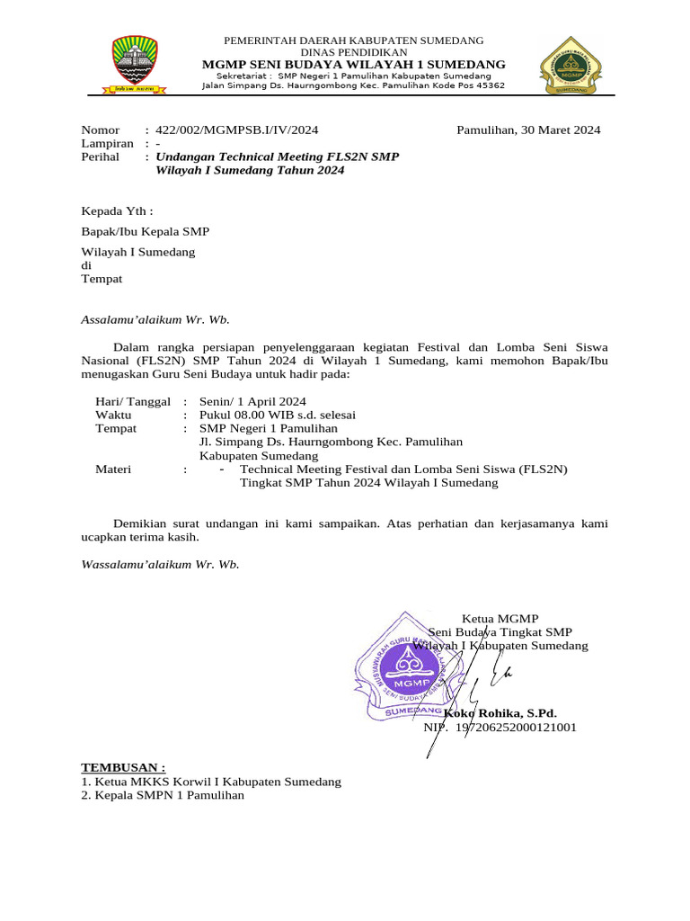 Surat MGMP - Tekmeet fls2n 2024 | PDF