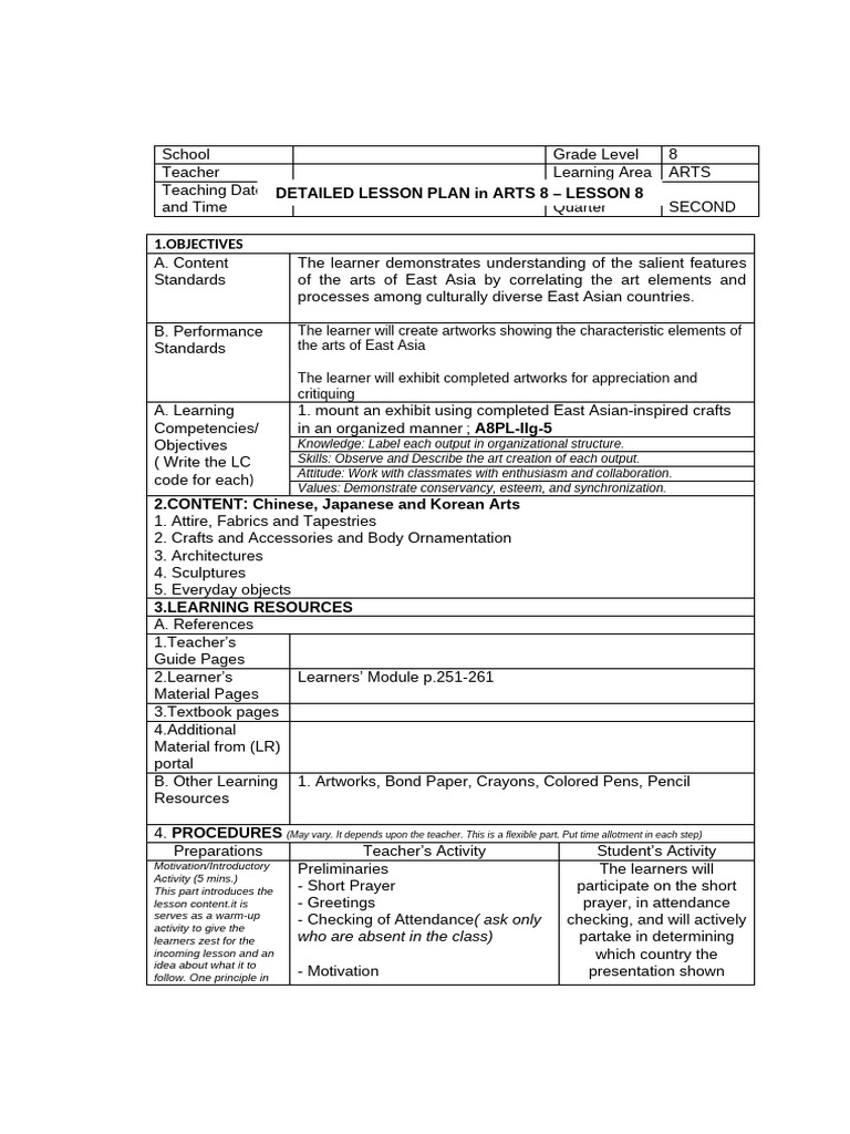 ARTS Grade 8 - Lesson 8 | PDF | Learning | Teachers