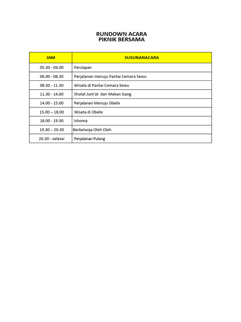 Rundown Acara Piknik | PDF