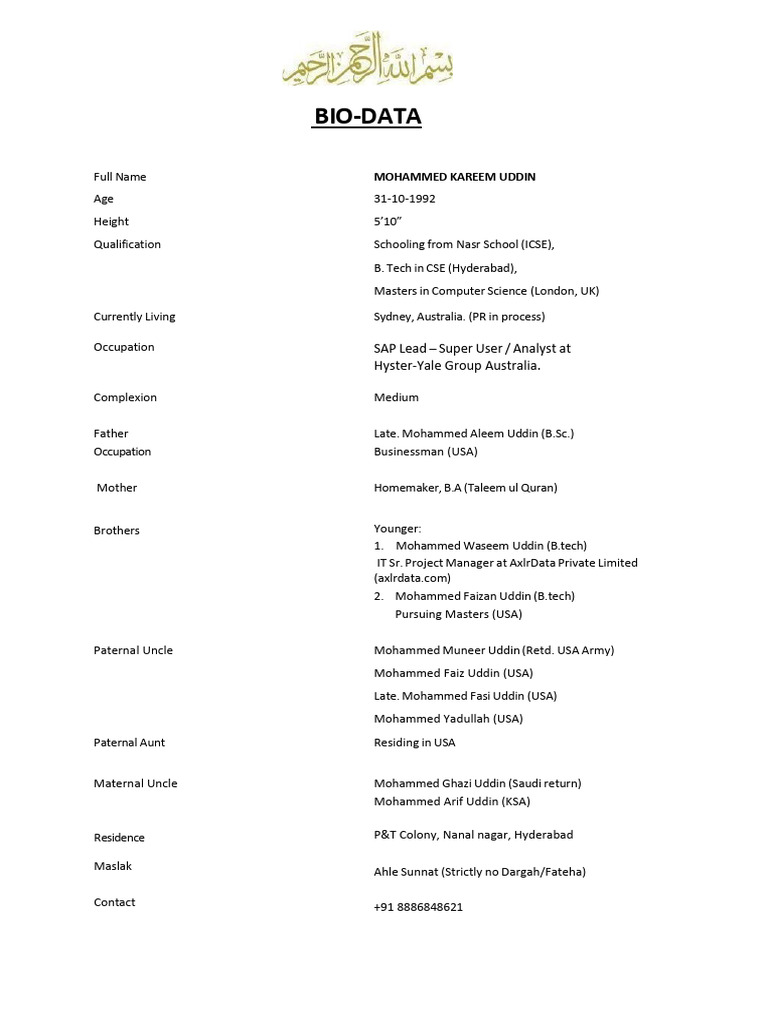 Kareem's Biodata | PDF