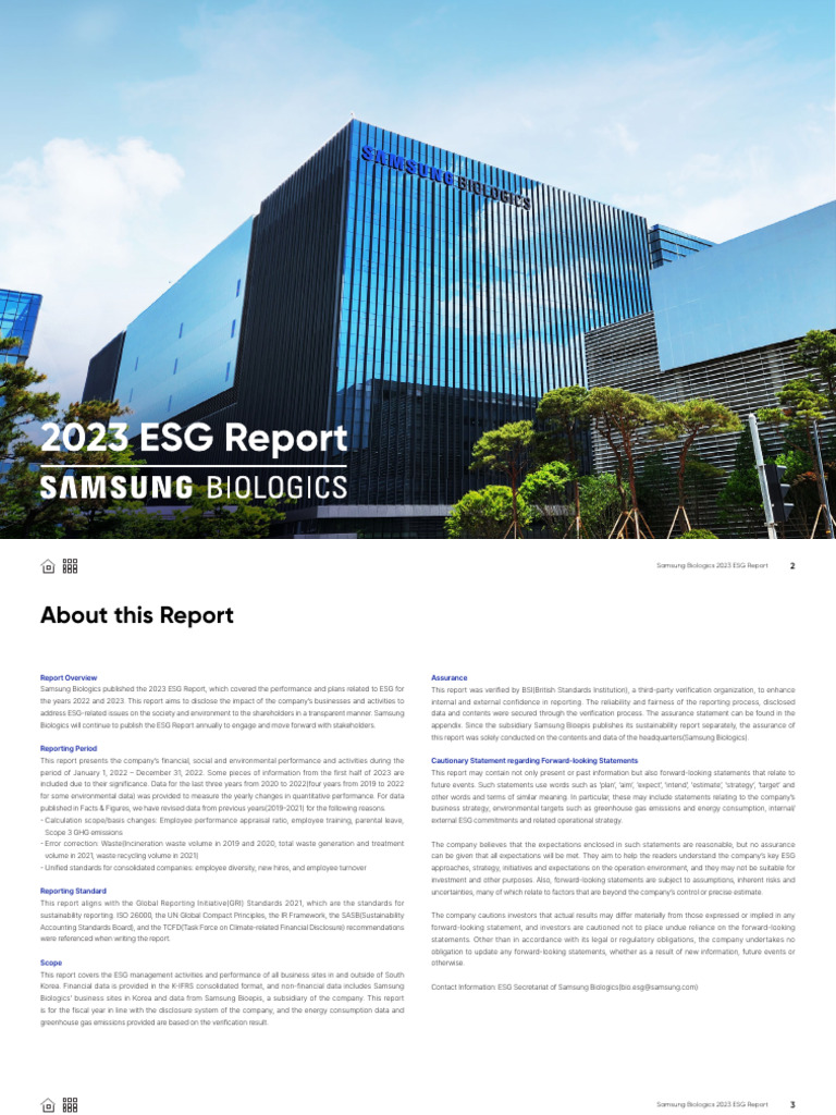 Samsung Biologics ESG Report 2023 | PDF | Sustainability | Business