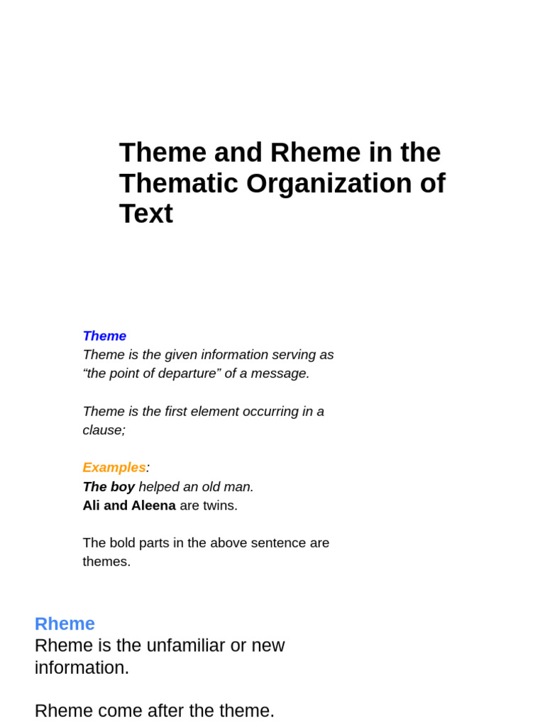 Theme and Rheme Slides | PDF | Sentence (Linguistics) | Language Mechanics