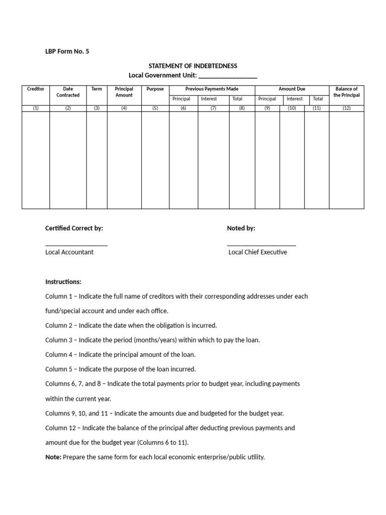 LBP Form No. 5: Indebtedness Statement | PDF