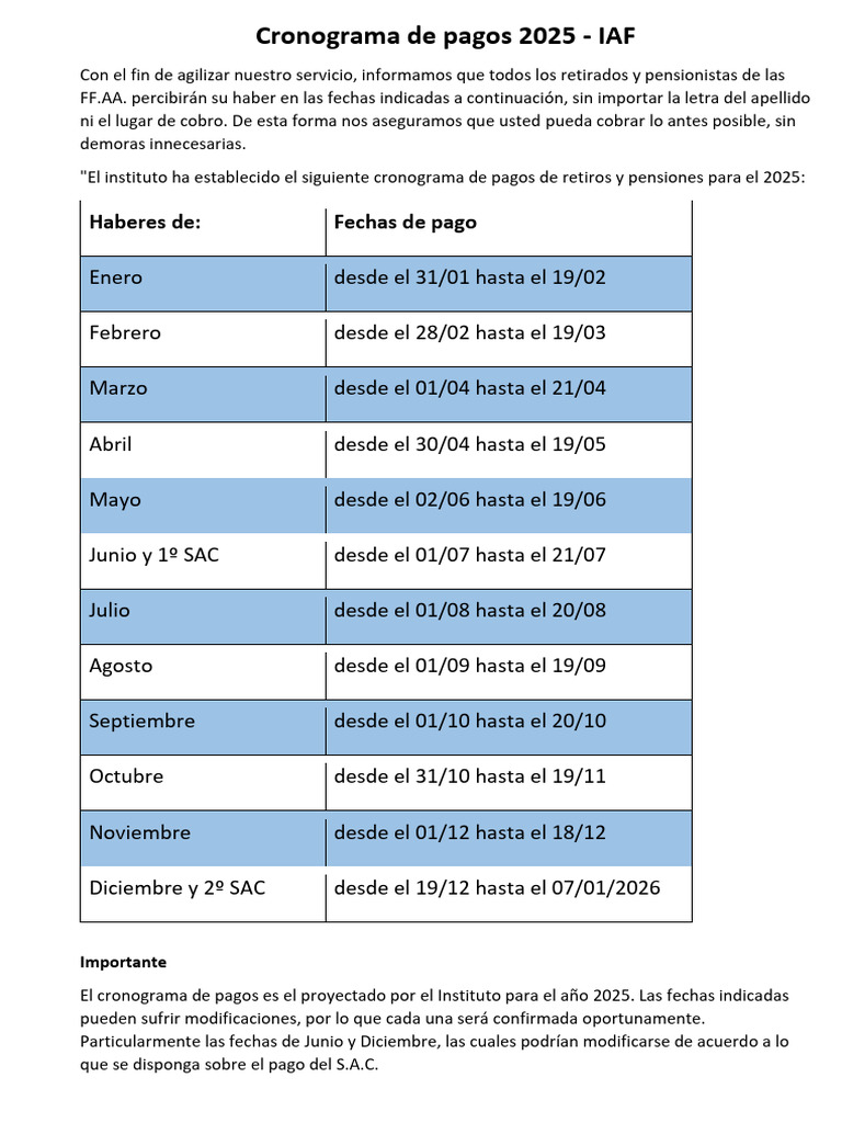 Cronograma de Pagos IAF 2025 | PDF
