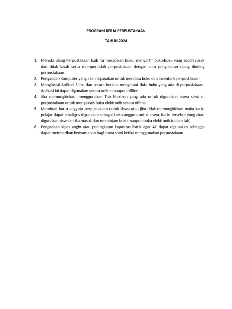 PROGRAM KERJA PERPUSTAKAAN | PDF