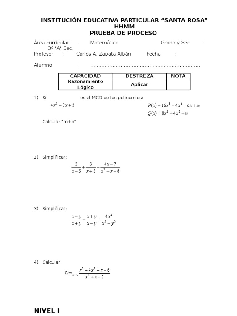 Prueba de Proceso de Matemática Nivel I | PDF