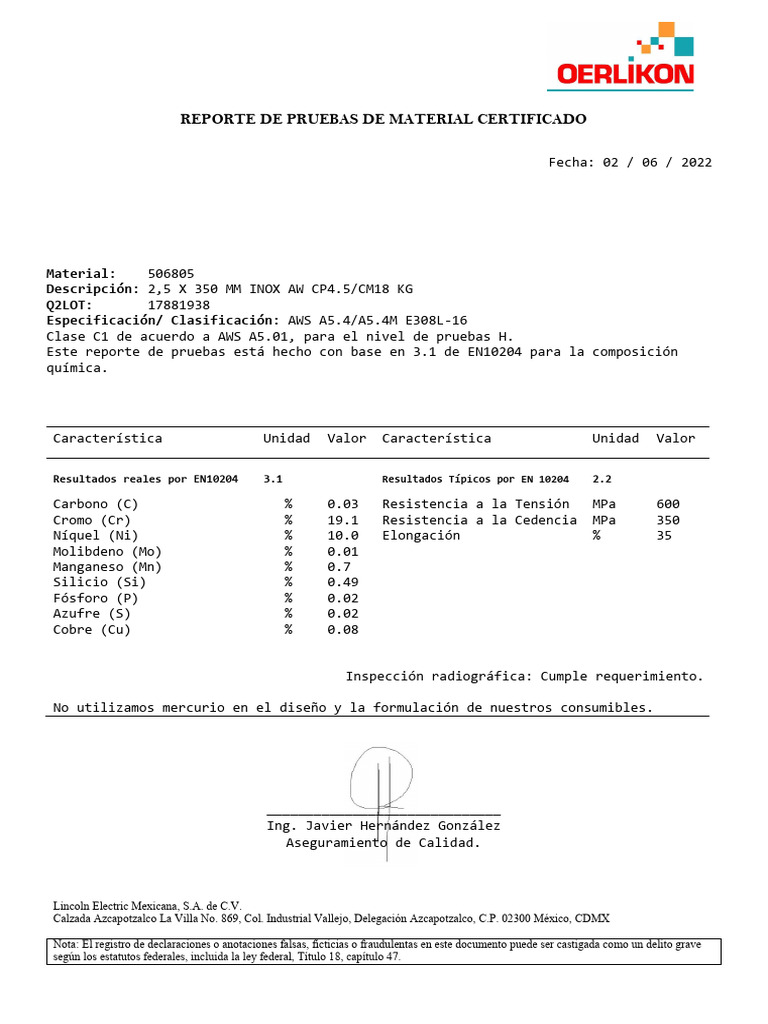Reporte de Pruebas de Material Certificado: Material: Descripción: Q2LOT: Especificación ...