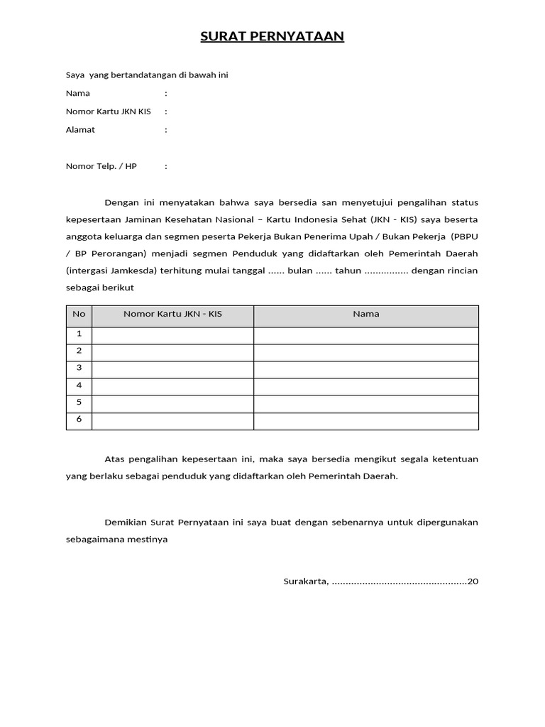 Surat Pernyataan JKN KIS | PDF