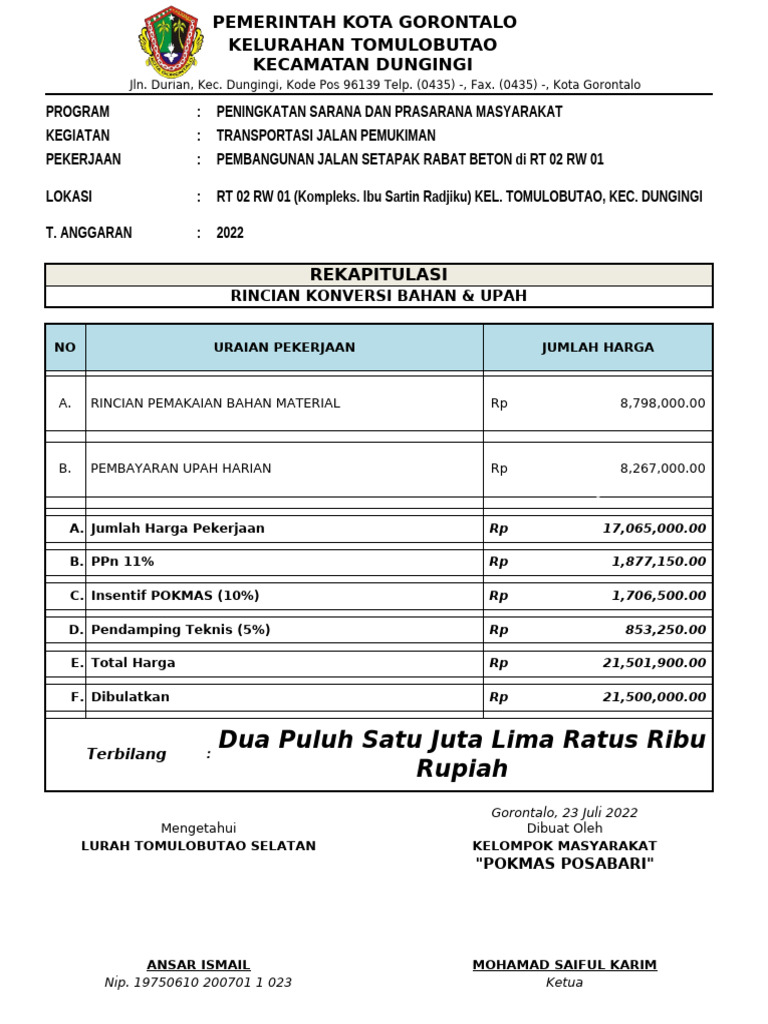 RAB RABAT TOMIN RW 2 - 2022 (Revisi2) | PDF