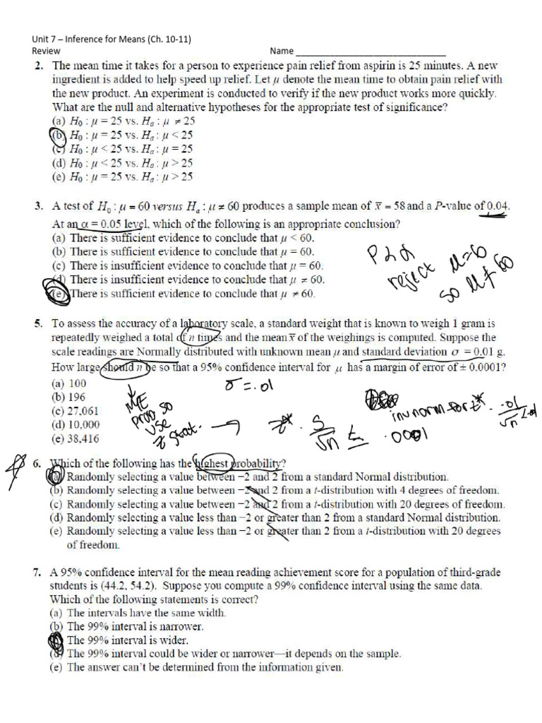 Inference for Means Review Guide | PDF