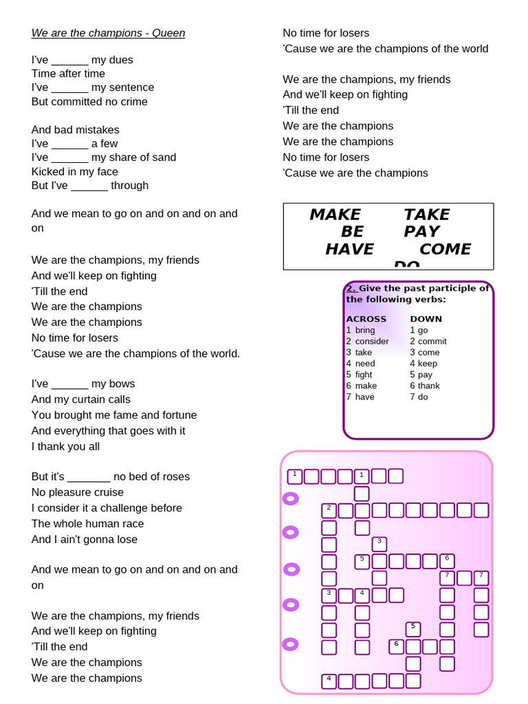 We Are The Champions Queen Activities With Music Songs Nursery Rhymes ...