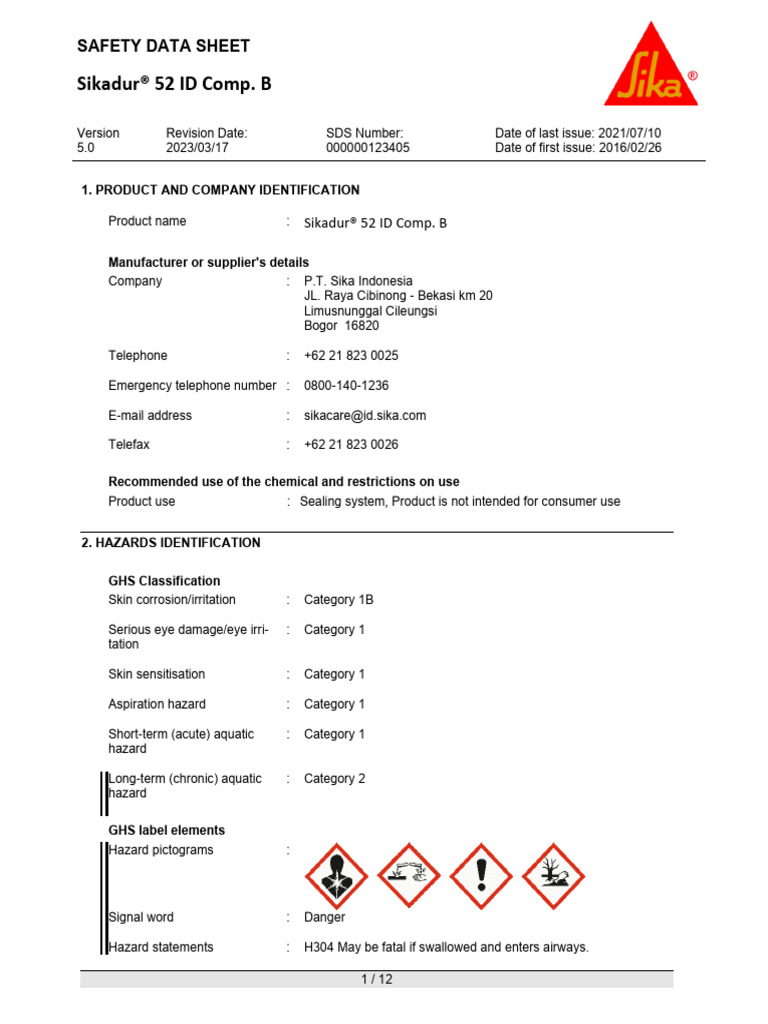 Sikadur® 52 ID Comp. B | PDF | Dangerous Goods | Toxicity